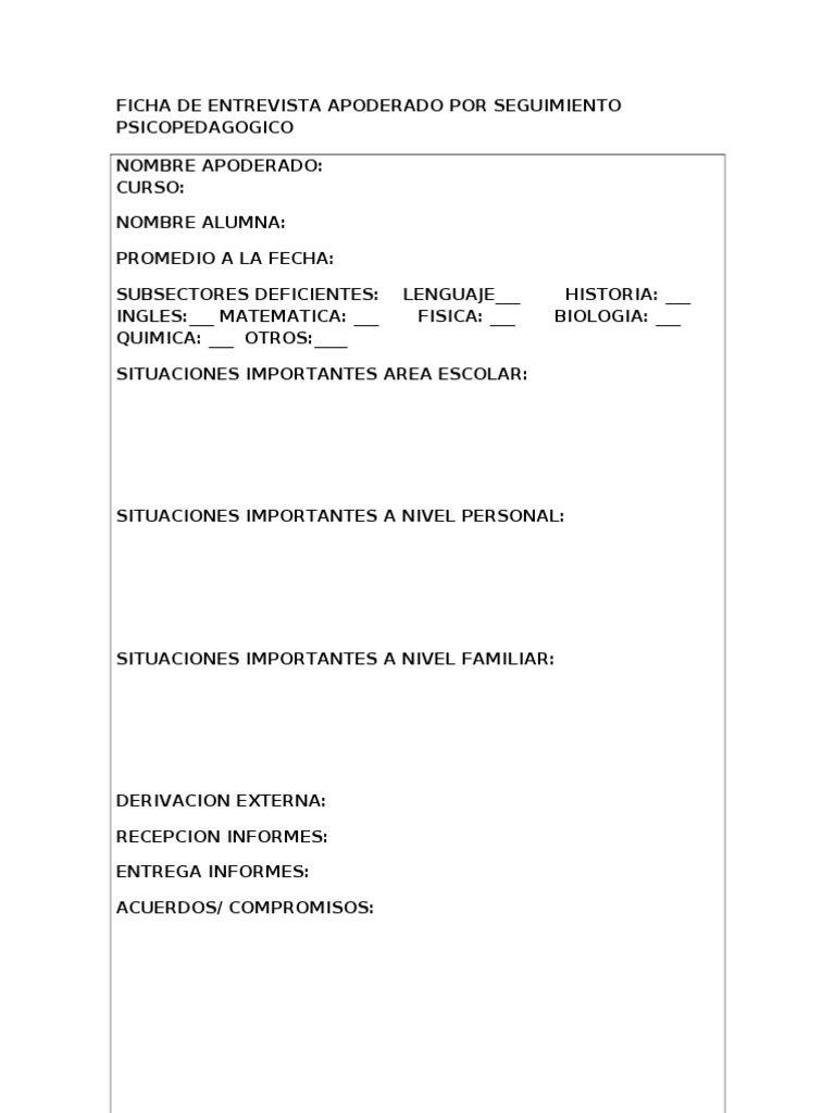 Ficha de Entrevista Apoderado Seguimiento Psicopedagogico | PDF | Aprendizaje | Escuelas