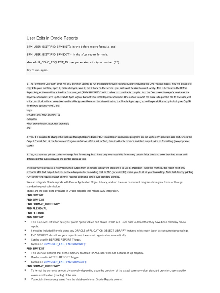 User Exits in Oracle Reports | PDF | Oracle Database | Portable ...