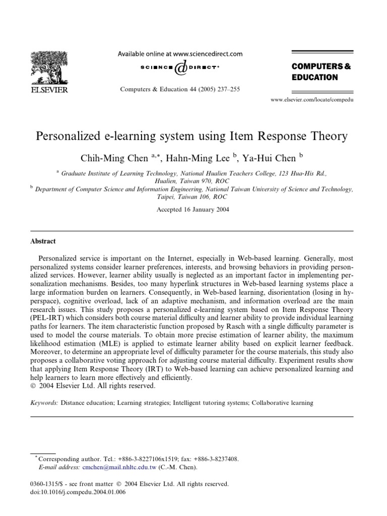 Personalized E-Learning System Using Item Response Theory | PDF | Educational Technology ...