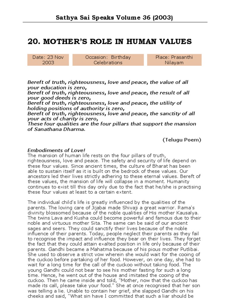 Mothers Role in Human Values PDF | PDF | Sathya Sai Baba | Religion And ...