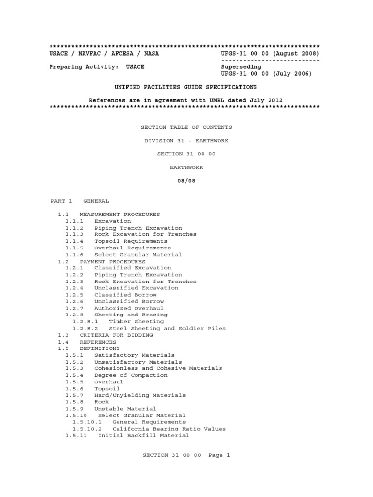 Ufgs 31 00 00 Section 31 00 00 Earthwork | PDF | Excavation ...