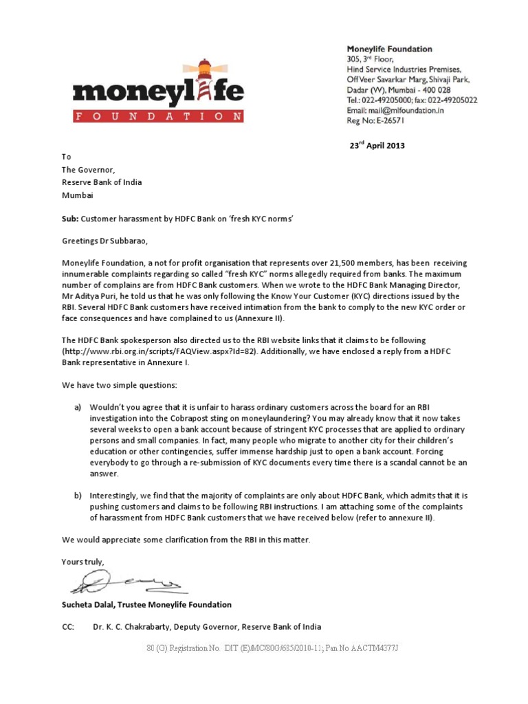 Letter To RBI On Customer Harassment by HDFC Bank On Fresh KYC Norms ...