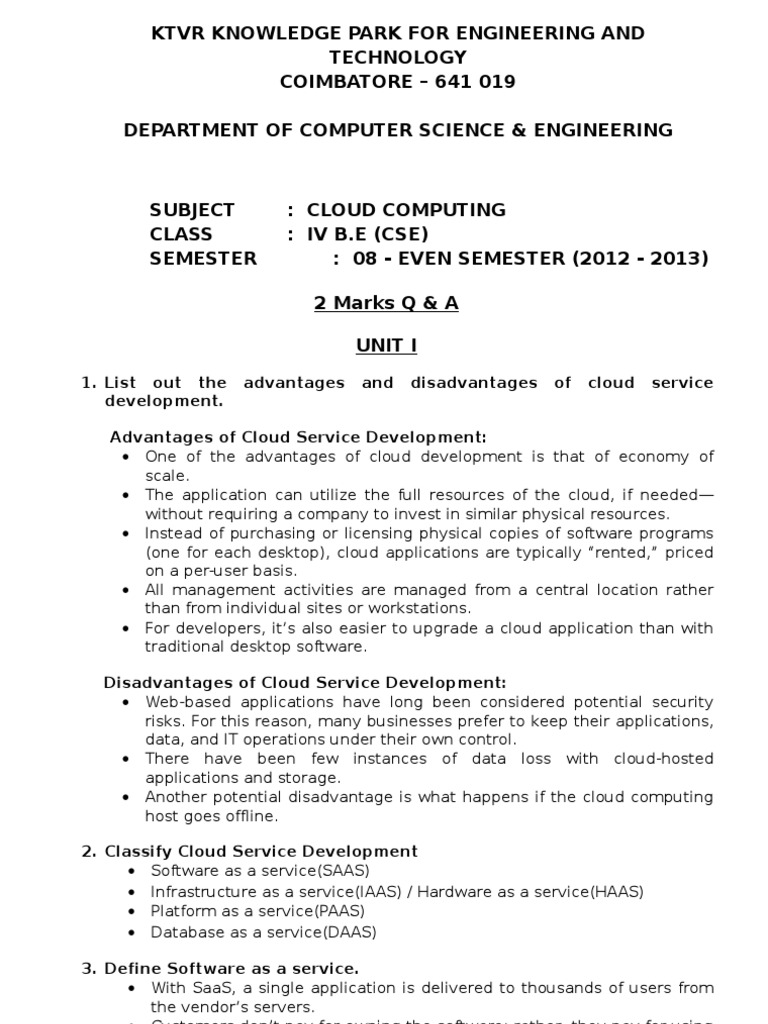 Cloud Computing: 2 Marks Q&A Guide | PDF | Software As A Service ...