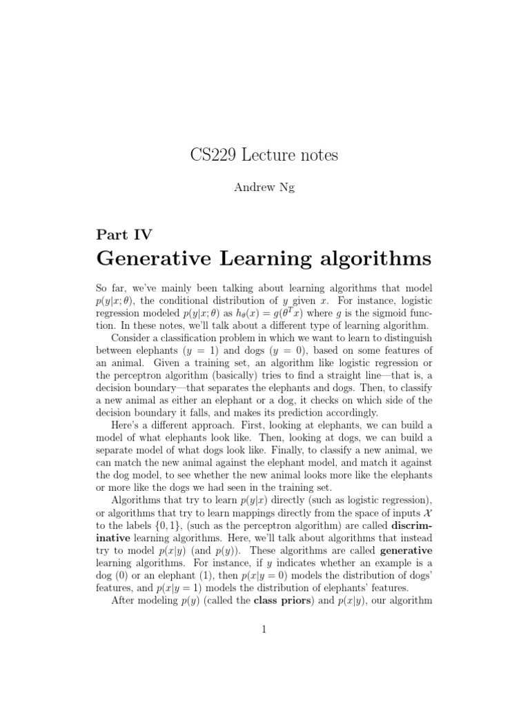 Generative Learning Algorithms Cs229 Lecture Notes Pdf