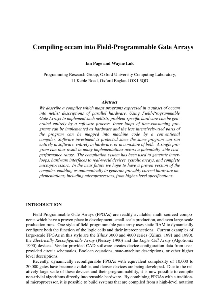 Compiling Occam Into Field-Programmable Gate Arrays: Ian Page and Wayne ...