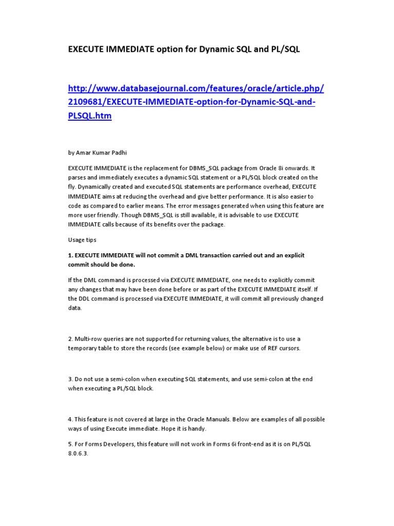 Dynamic SQL with EXECUTE IMMEDIATE | PDF | Pl/Sql | Sql
