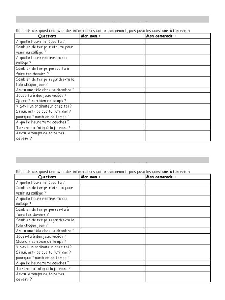 Questionnaire Rythme de Vie | PDF