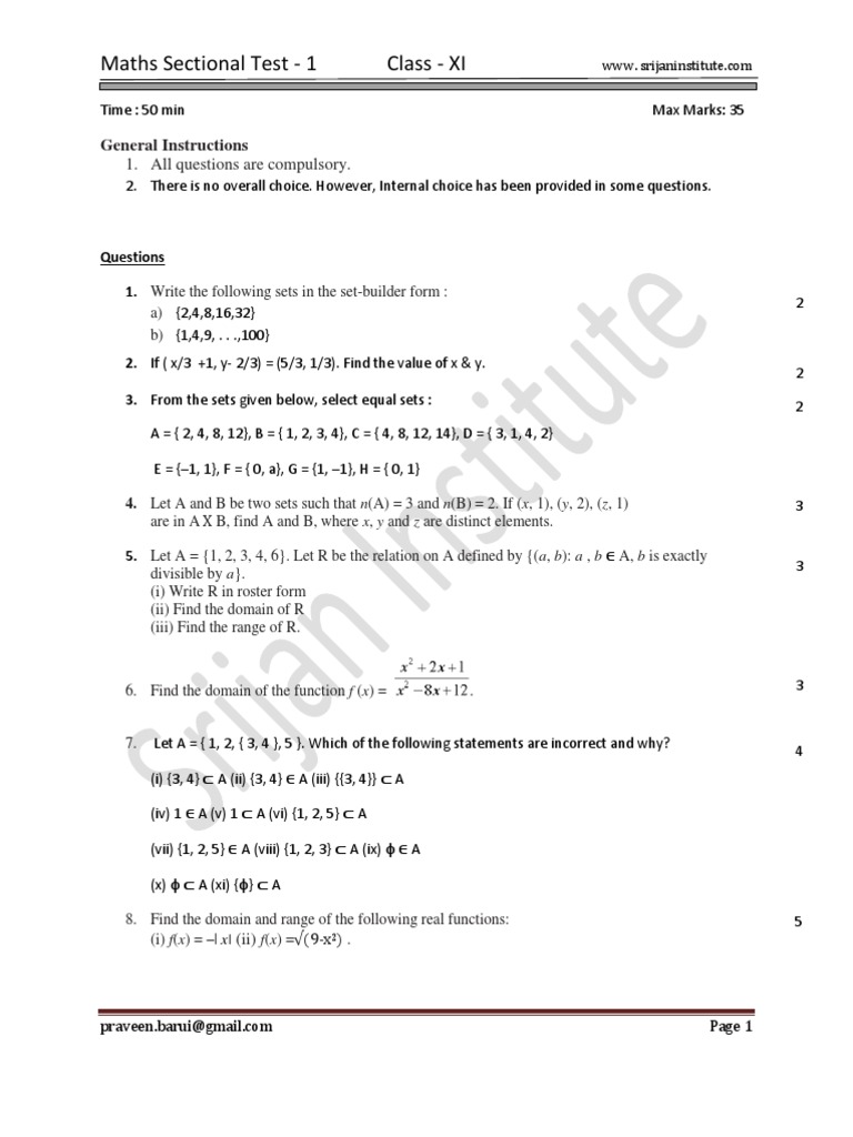 Maths Sectional Test - 1 Class - XI: 1. All Questions Are Compulsory ...