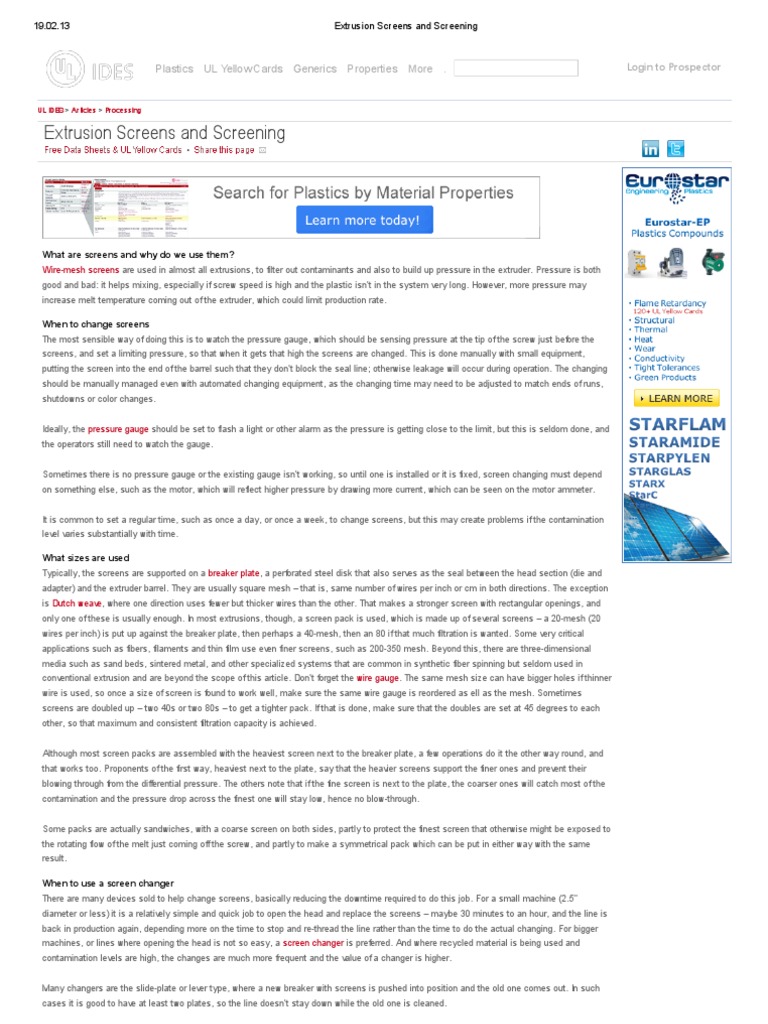 Extrusion Screens and Screening | PDF | Wire | Extrusion