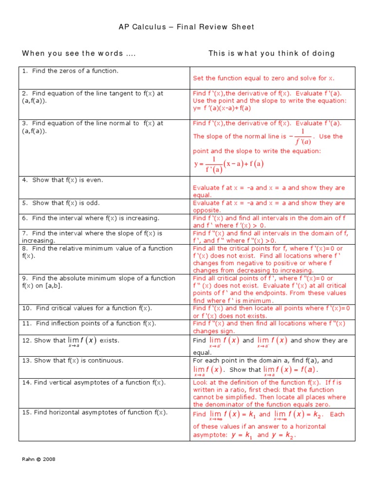 AP Calculus - Final Review Sheet: 1 y X A Fa F ' A + | PDF | Derivative ...