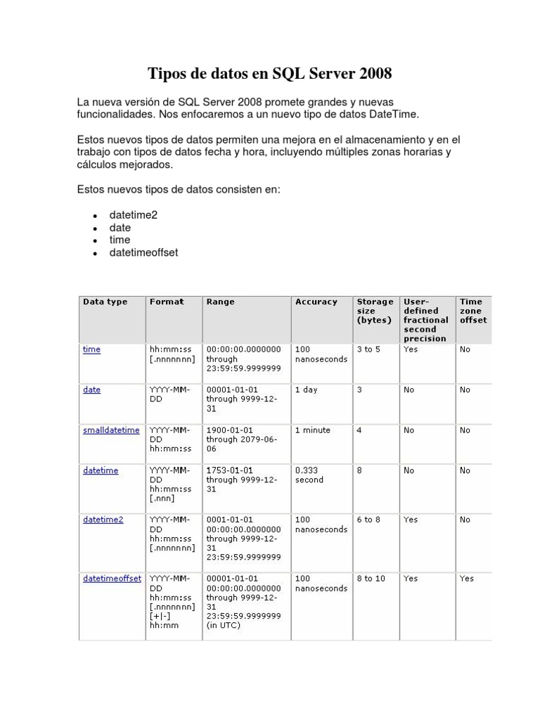 Nuevos tipos de datos y características en SQL Server 2008 | PDF | Servidor SQL de Microsoft ...
