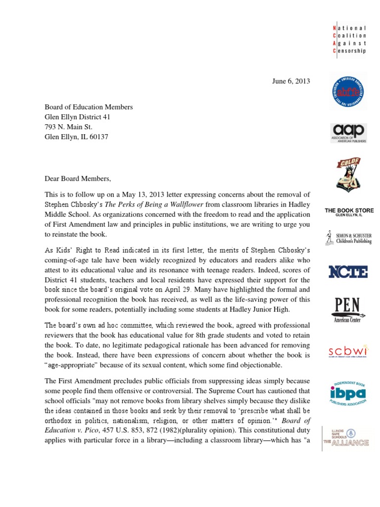 Kids' Right To Read Project Letter Re: Perks of Being A Wallflower and ...