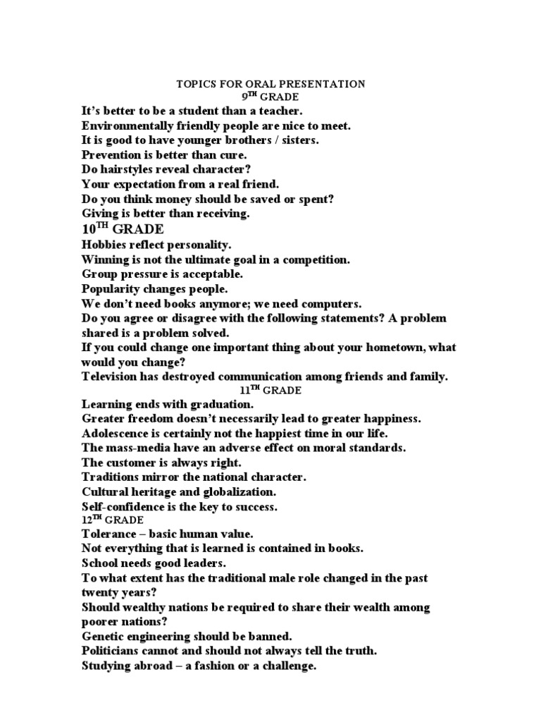 10 Grade: Topics For Oral Presentation 9 Grade | PDF | Wellness