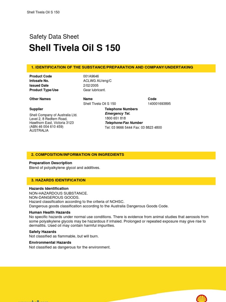 Tivela Oil s 150 | Dangerous Goods | Chemistry