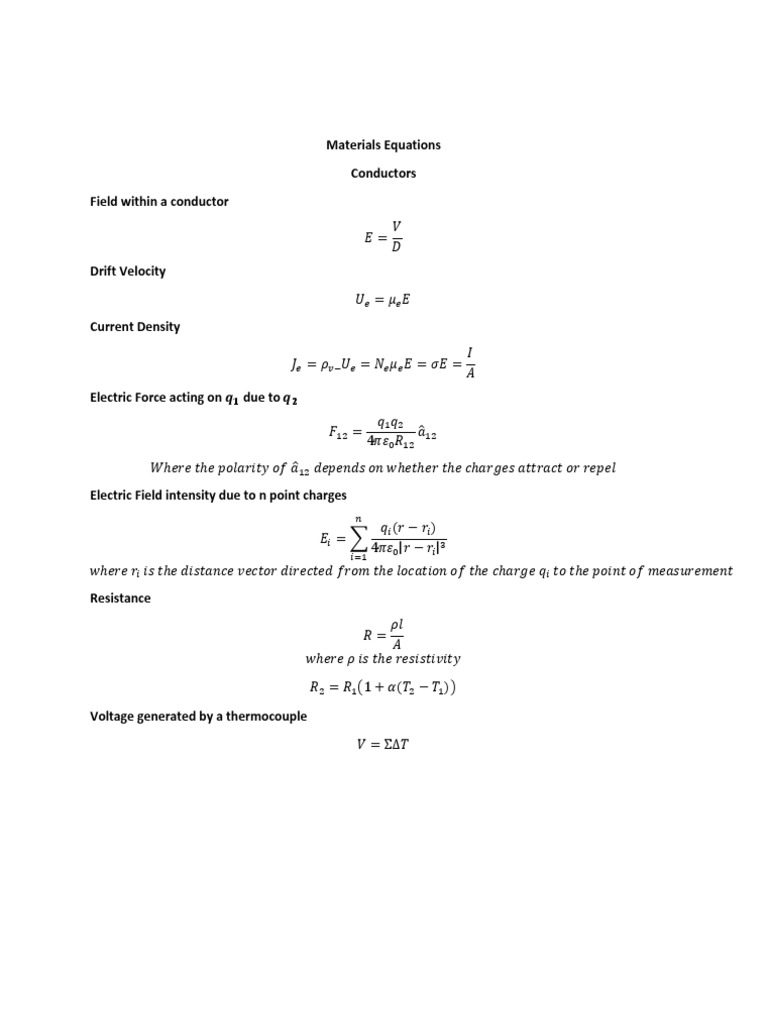 Materials Equations and Concepts | PDF | Dielectric | Ferromagnetism