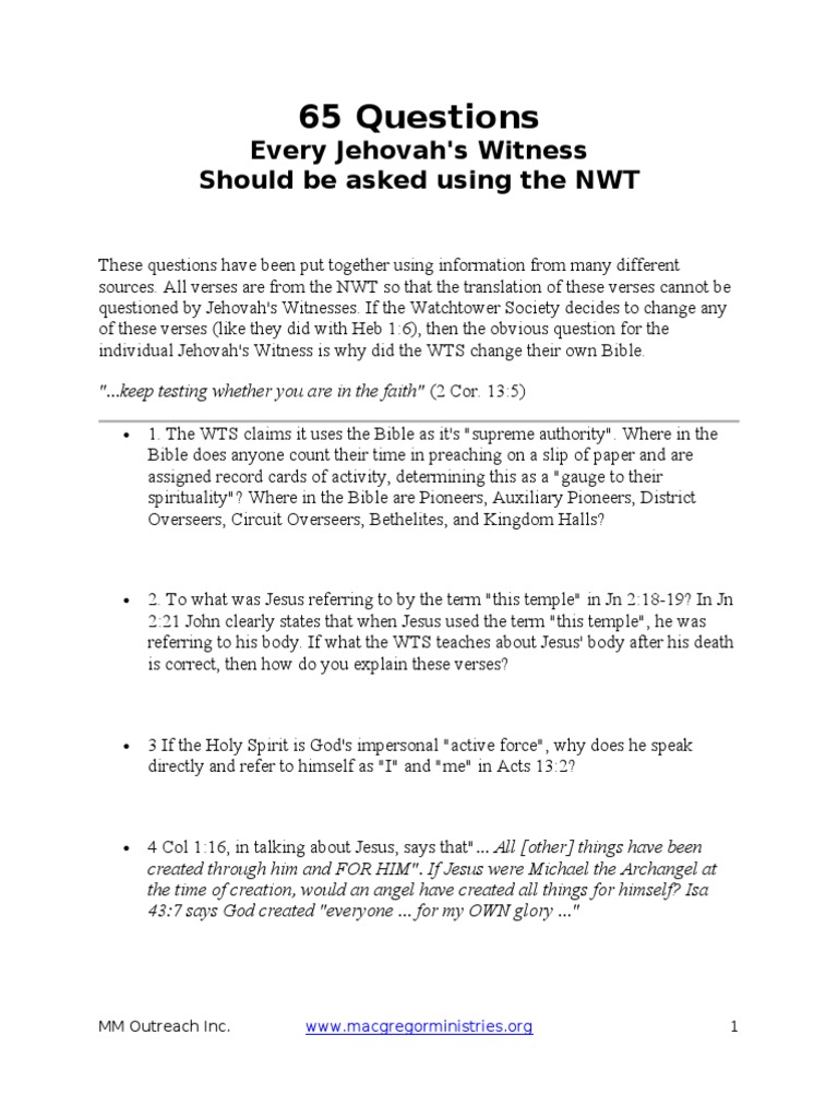 65 Questions To Ask Jehovah's Witnesses About The NWT | PDF ...