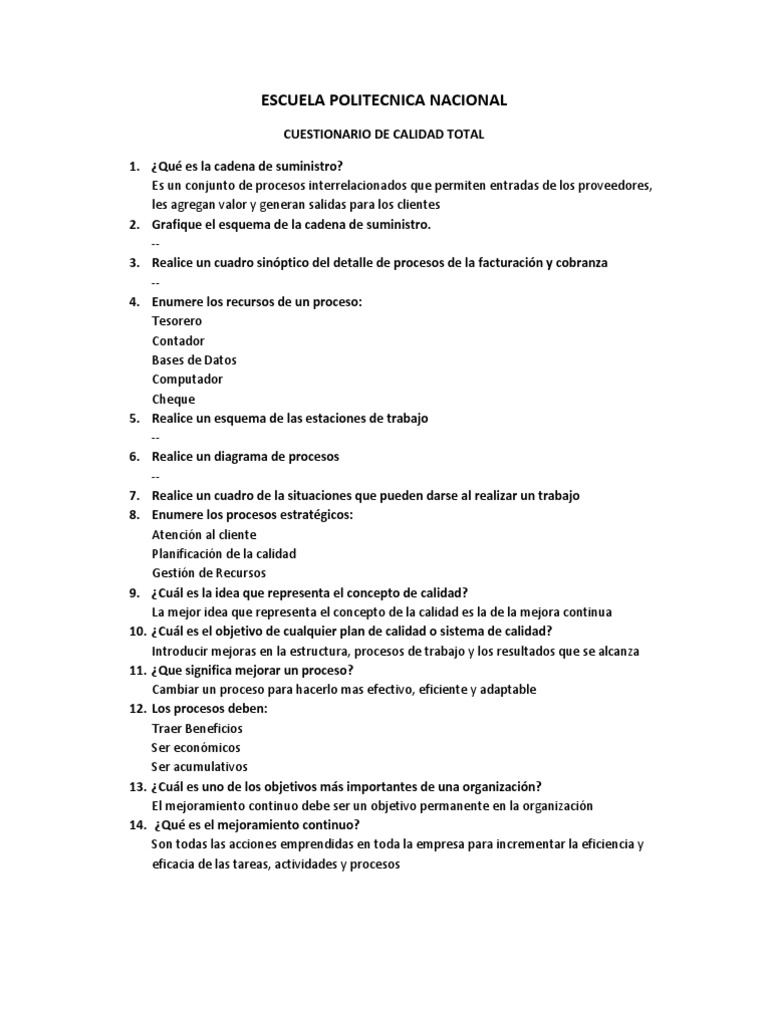 Cuestionario de Calidad Total Resp1 | PDF | Calidad (comercial) | Business
