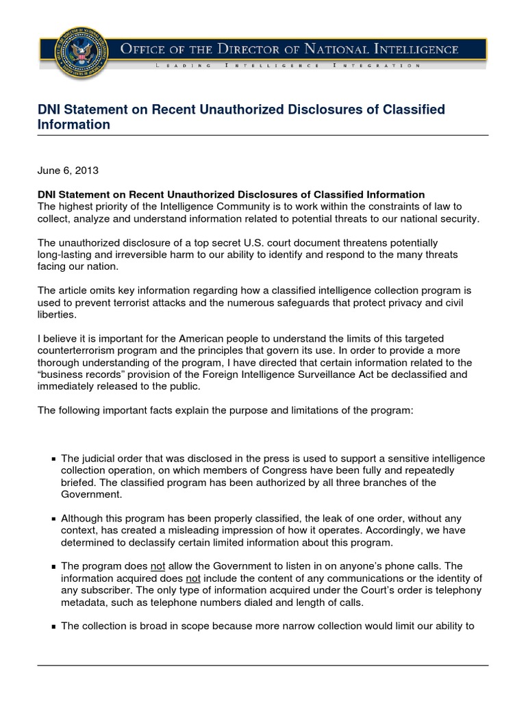 DNI Statement On Recent Unauthorized Disclosures of Classified ...