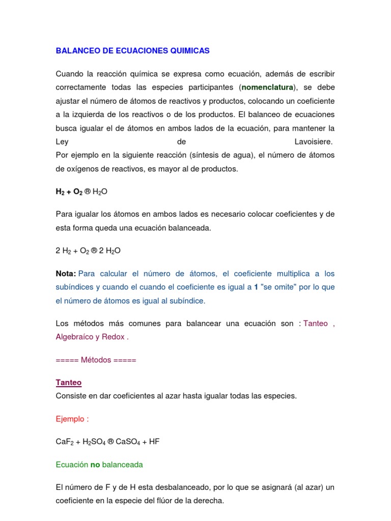 Balanceo de Ecuaciones Quimicas | PDF | Redox | Reacciones químicas