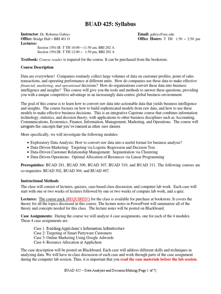 BUAD 425 Syllabus | PDF | Logistic Regression | Regression Analysis