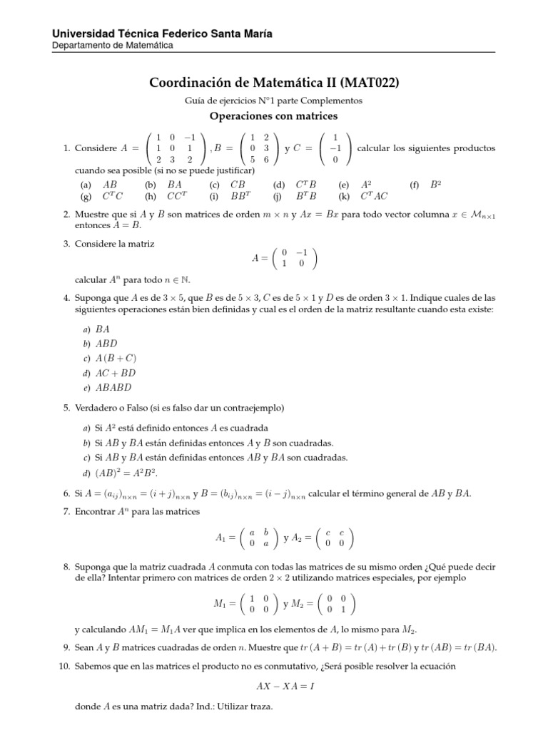 Guia 1 Operaciones Con Matrices | PDF | Matriz (Matemáticas) | Teoría ...