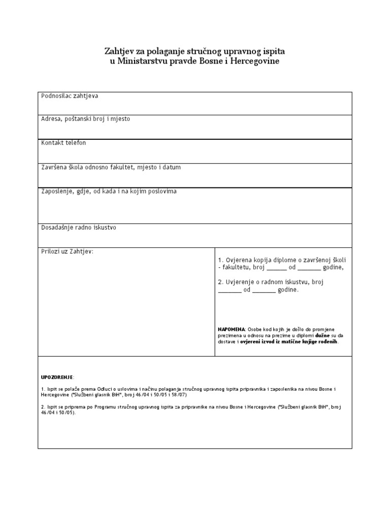 Zahtjev Za Polaganje Strucnog Upravnog Ispita PDF | PDF