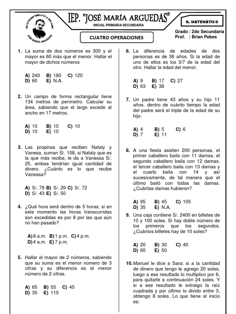 RM-Cuatro Operaciones - 2do Secundaria | PDF | Ajedrez | Juegos y actividades