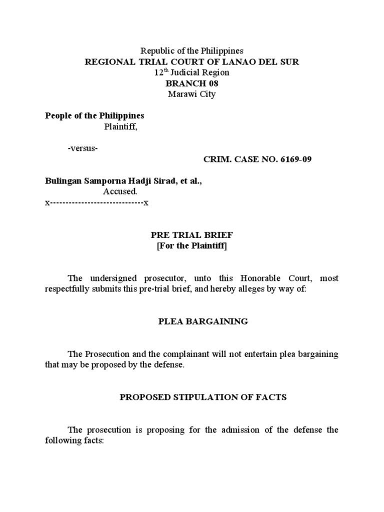 Pre Trial BRIEF | PDF | Plea Bargain | Prosecutor