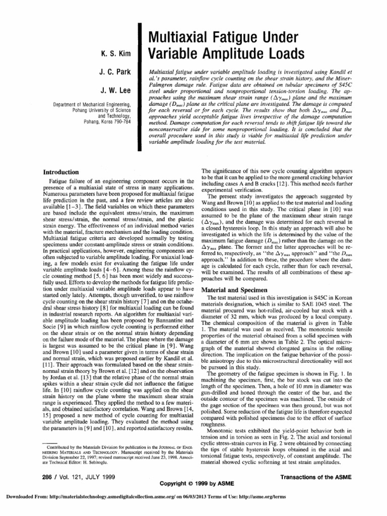 Multiaxial Fatigue Under Variable Amplitude Loads: K. S. Kim J. C. Park J. W. Lee | PDF ...