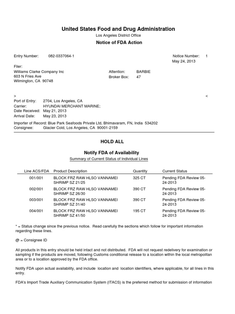 United States Food and Drug Administration: Notice of FDA Action | PDF