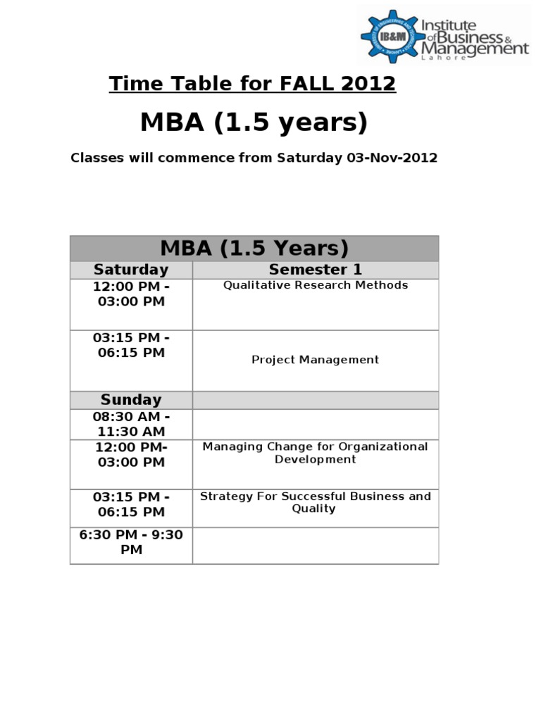 MBA (1.5 Years) : Time Table For FALL 2012 | PDF