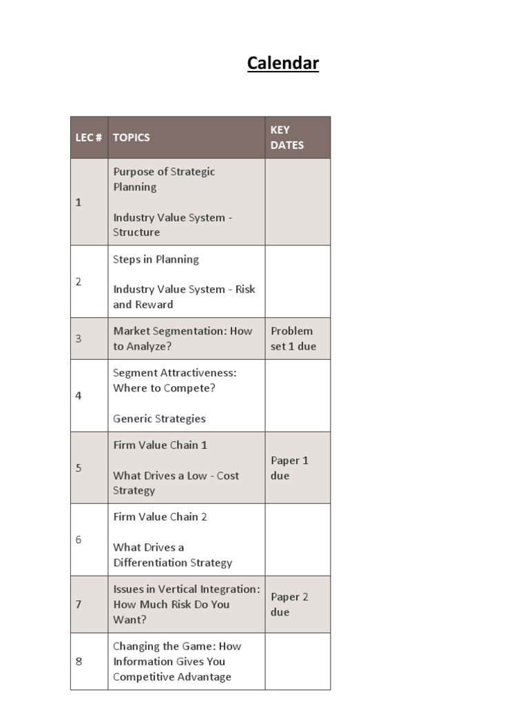 Strategic Planning Course Calendar | PDF | Business | Finance & Money ...