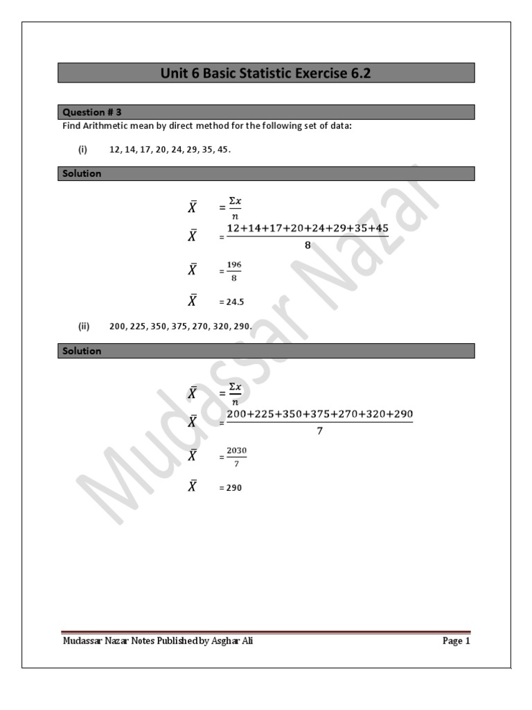 Unit# 6 Basic Statistic Exercise 6.2 | PDF | Arithmetic Mean | Mean