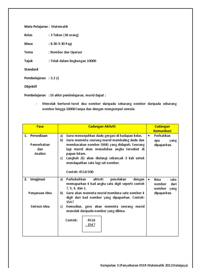 Draf RPH Matematik Tahun 3 (Tolak Dalam Lingkunga 10000) | PDF
