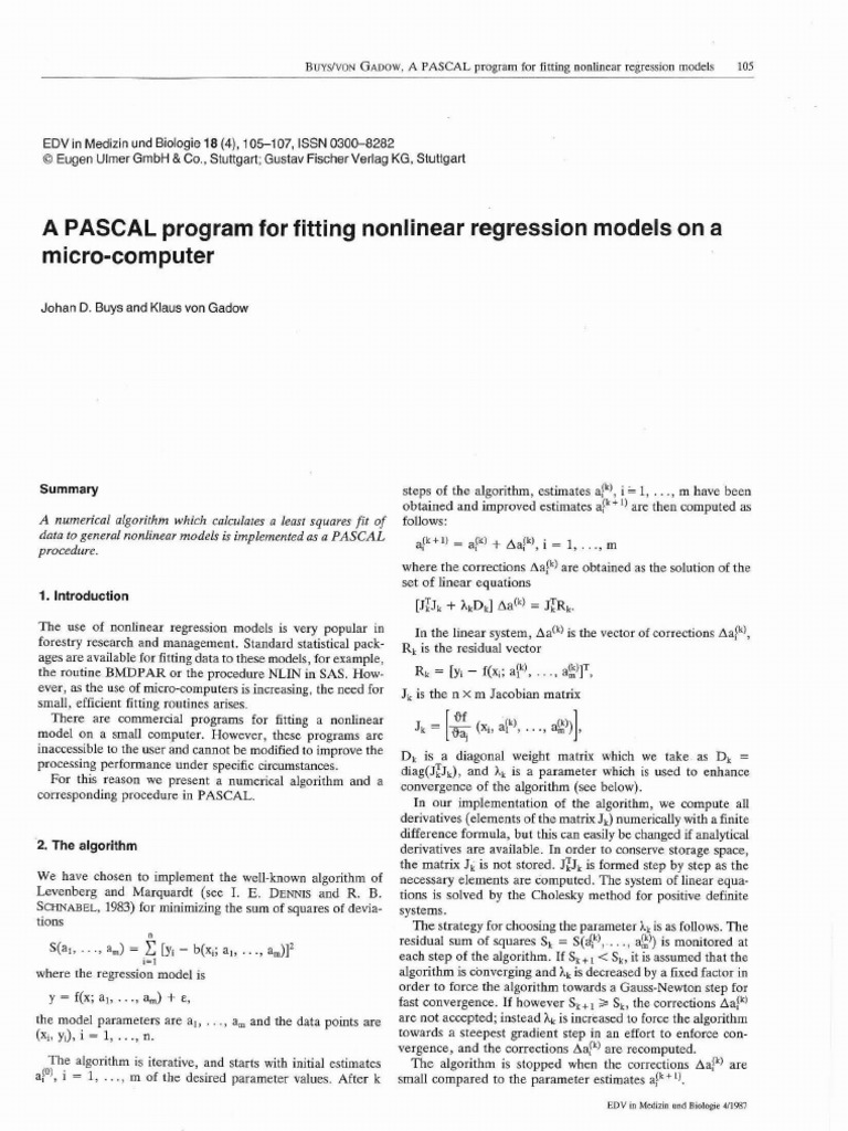 A PASCAL Program For Fitting Non Linear Regression Models On A ...