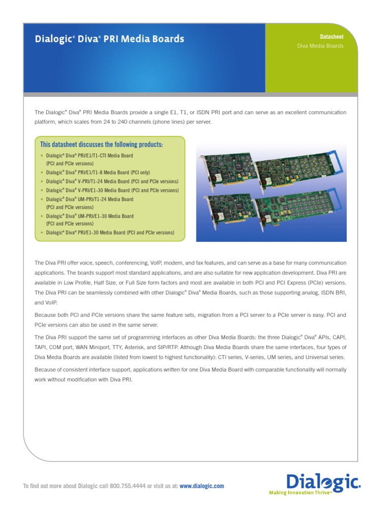 Dialogic Diva PRI Media Boards: This Datasheet Discusses The Following Products | PDF ...