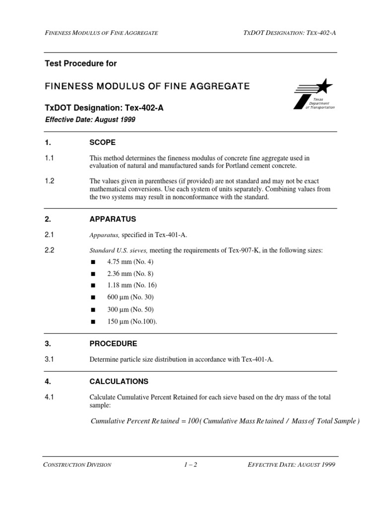 Fineness Modulus of Fine Aggregate: Test Procedure For | PDF