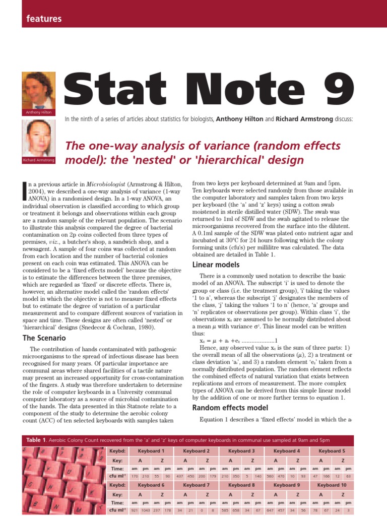 Stat Note 9 The One Way Analysis Of Variance Random Effects Model The Nested Or 