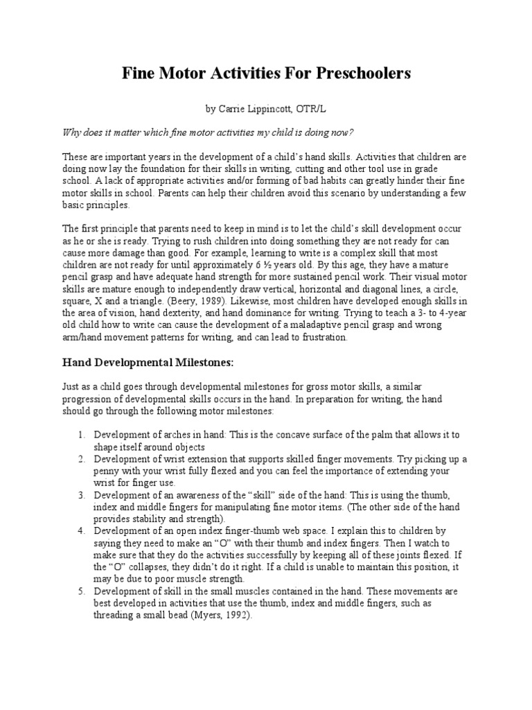 Fine Motor Activities For Preschoolers | PDF | Thumb | Hand