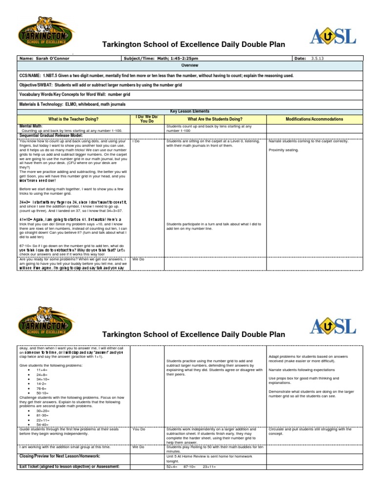 Math Lesson Plan: Adding & Subtracting with Number Grids | PDF ...