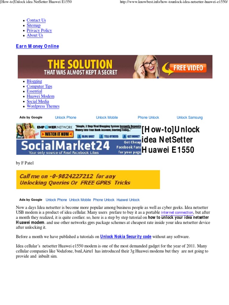 To) Unlock Idea NetSetter Huawei E1550 | PDF | Subscriber Identity ...