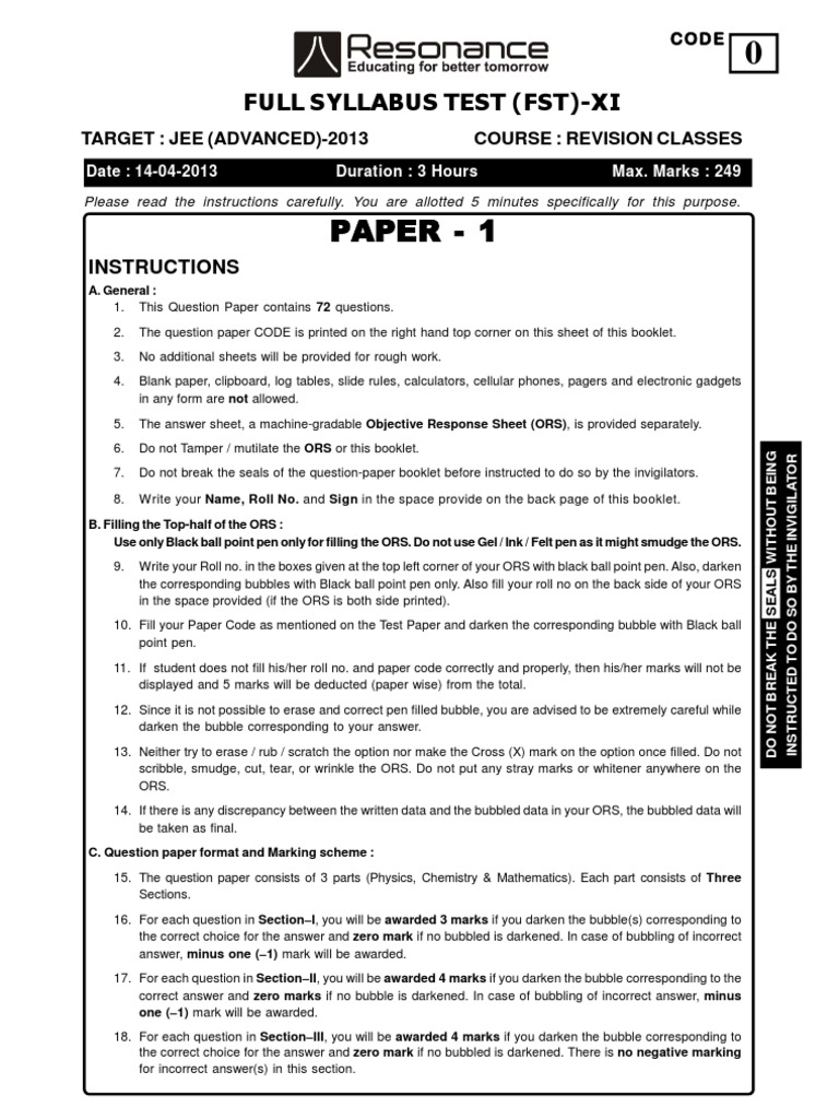 Instructions for Completing a Standardized Multiple Choice and Multiple ...