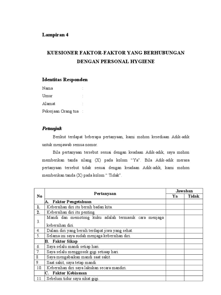 Kuesioner Personal Hygiene | PDF | Pengembangan Diri