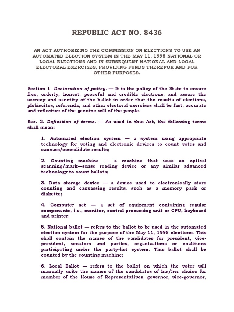 Republic Act No. 8436 | PDF | Commission On Elections (Philippines ...