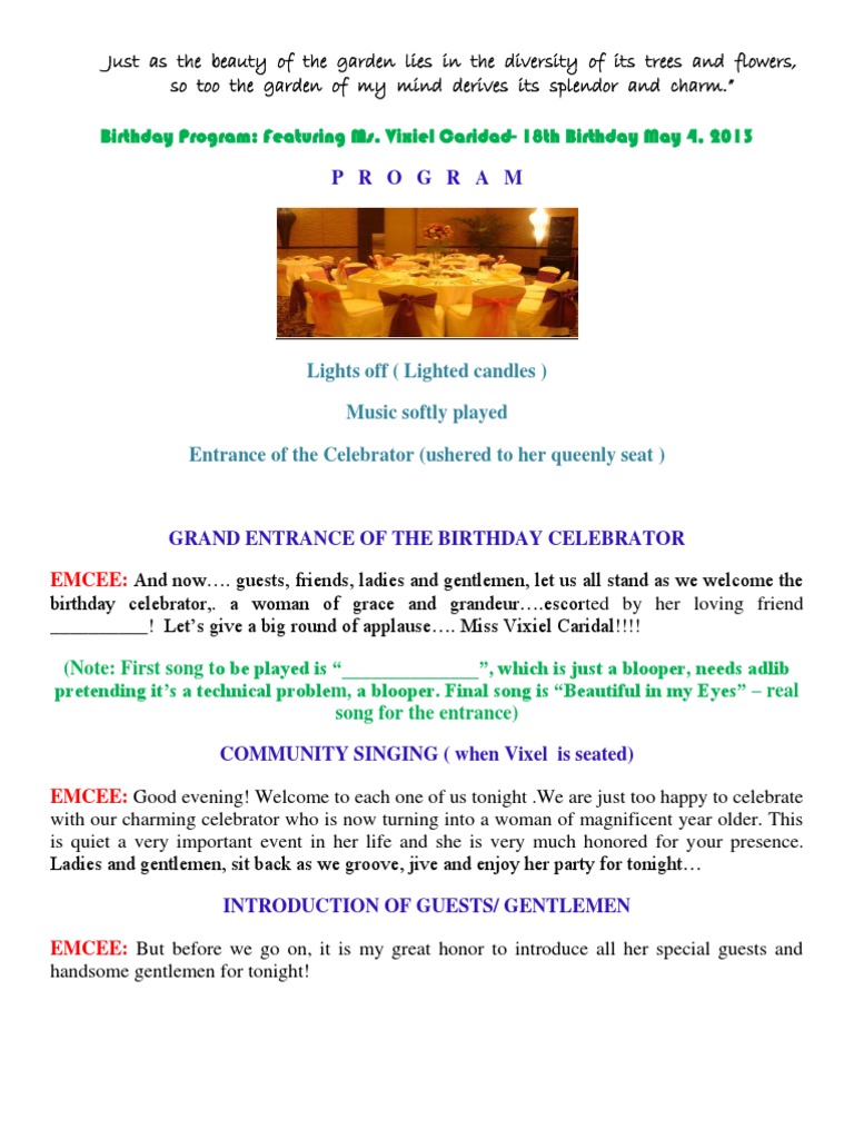 Vixiel Caridad 18th Birthday Program | PDF | Leisure