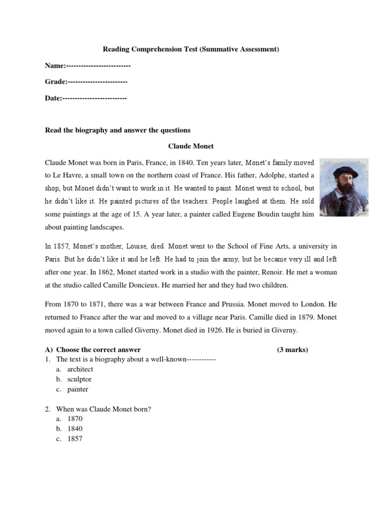 Reading Comprehension Test (Summative Assessment) Name: - Grade: - Date ...