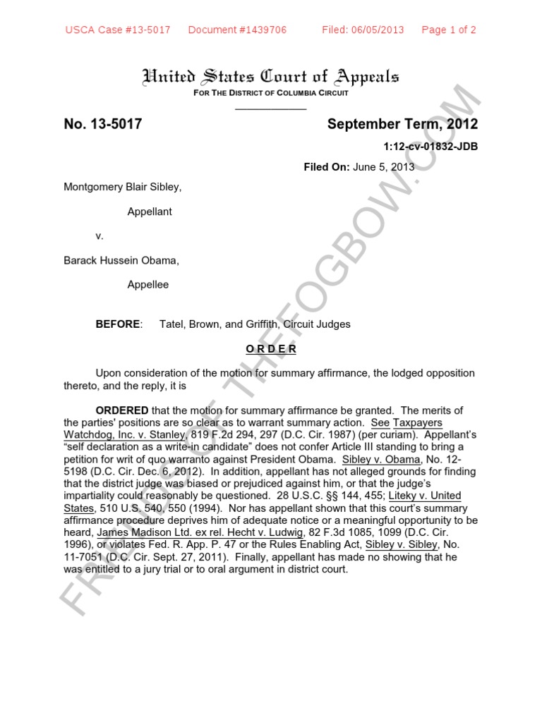 USDC D.C.. 2013-06-05 - Sibley V Obama APPEAL - Order - AFFIRMED | PDF