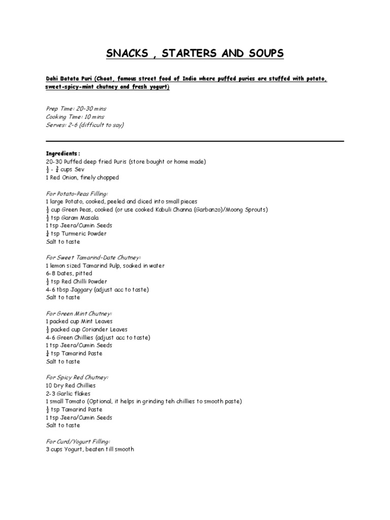 Snacks, Starters and Soups: Prep Time: 20-30 Mins Cooking Time: 10 Mins ...