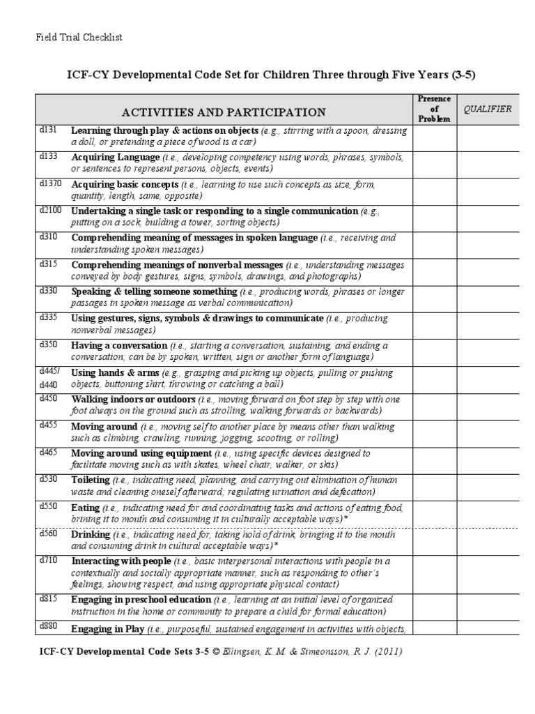 ICF-CY Developmental Code Sets 3-5CHECKLIST FinalNEW | Nonverbal ...