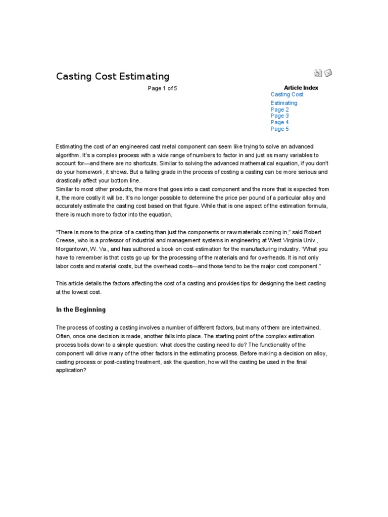 Casting Cost Estimating | PDF | Casting (Metalworking) | Foundry
